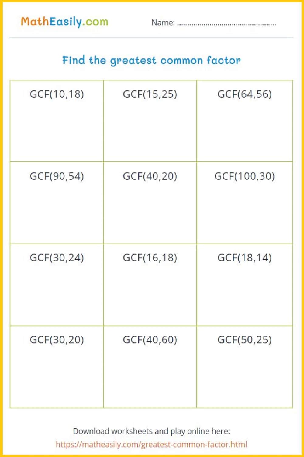 Greatest Common Factor Games Find GCF Greatest Common Factor Games Find GCF
