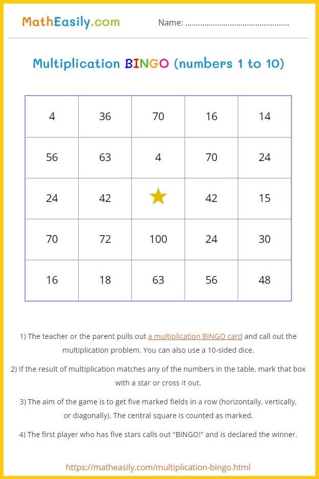 Multiplication Bingo Game ONLINE Printable