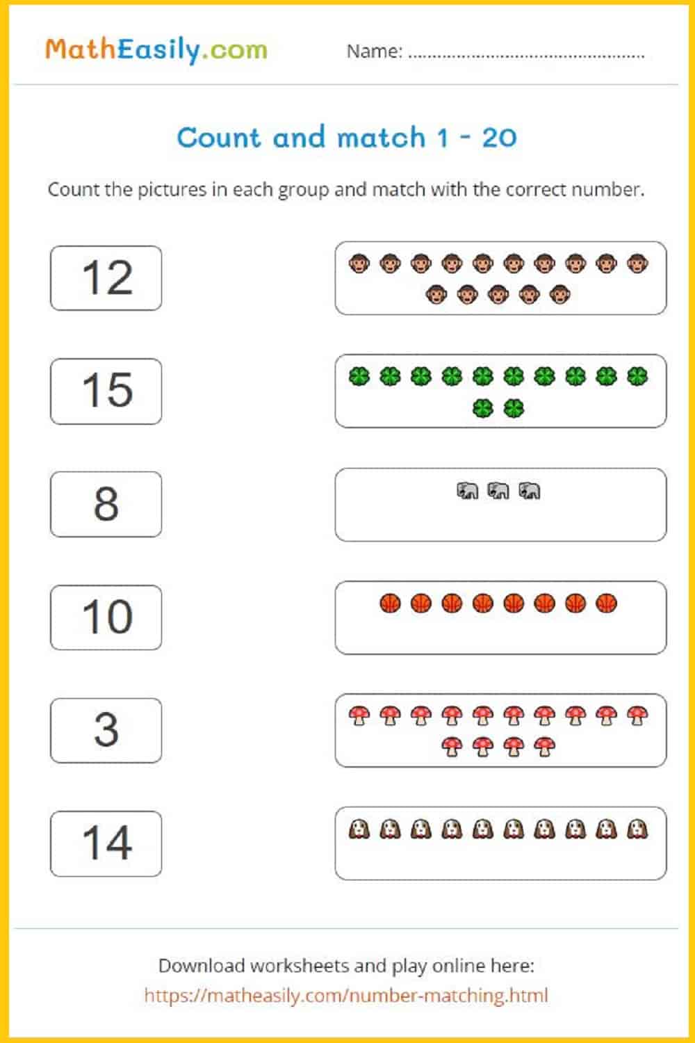 Number Matching Game ONLINE PRINTABLE