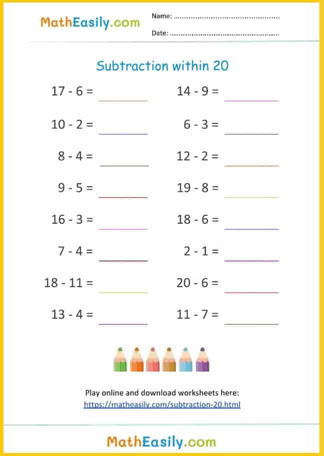 Subtracting From 20 Worksheets
