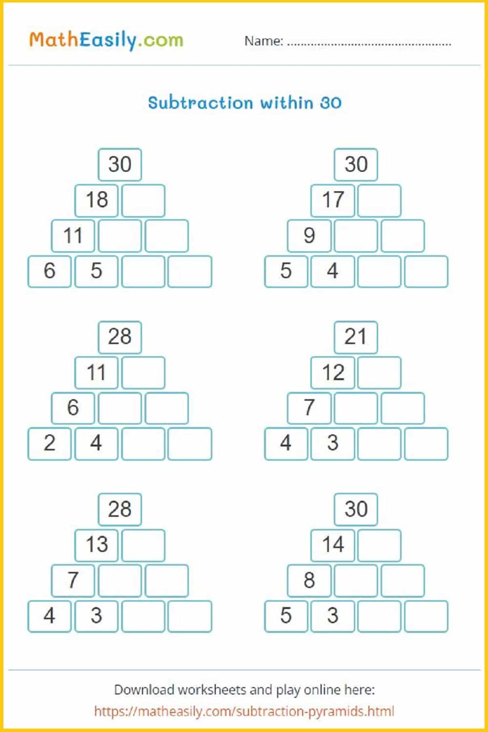 Subtraction Pyramid Puzzle Worksheets And Games Subtraction Pyramid Puzzle Worksheets And Games